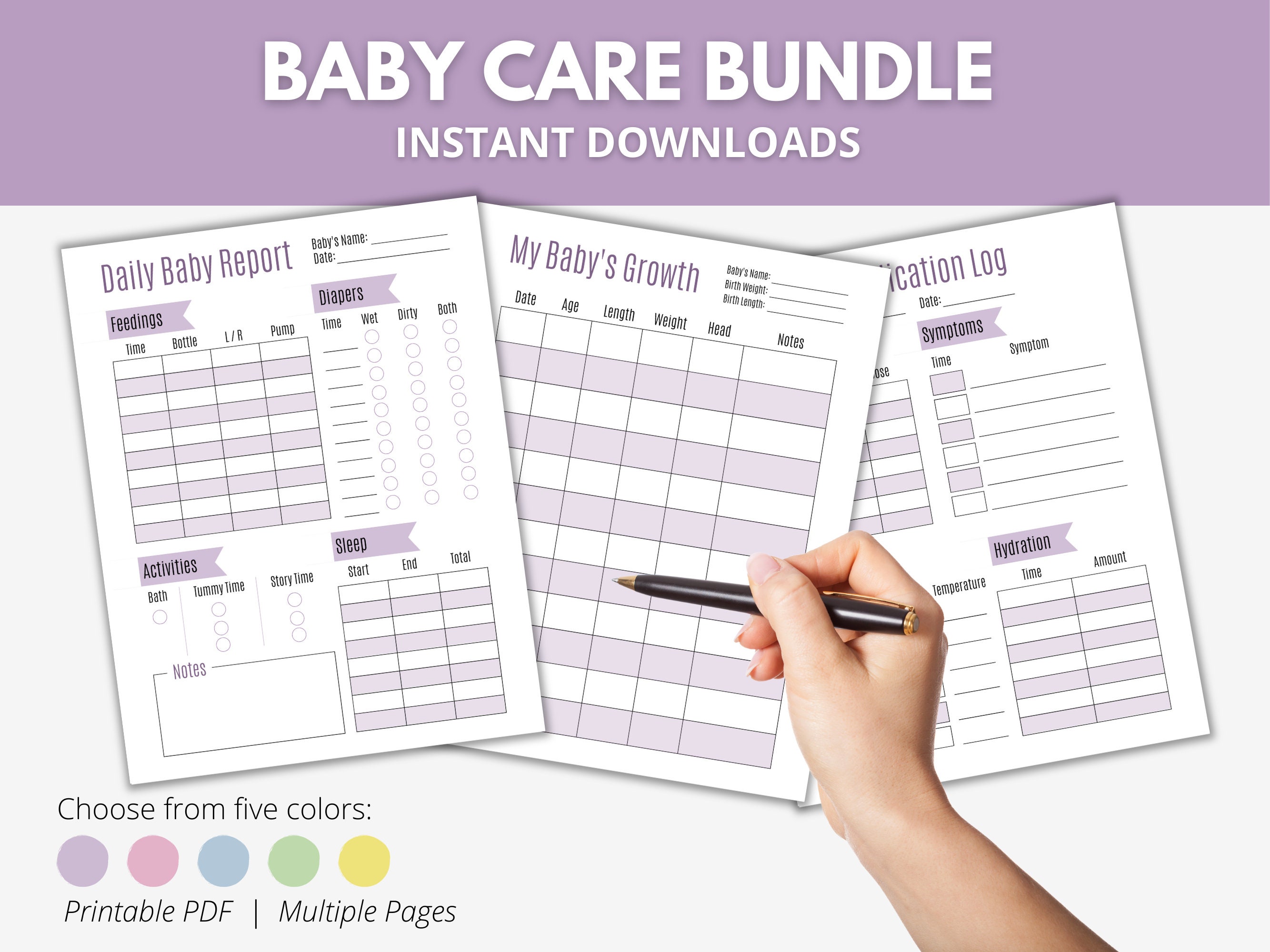 Printable Baby Care Bundle, Feeding, Sleep, & Diaper Trackers, Illness ...