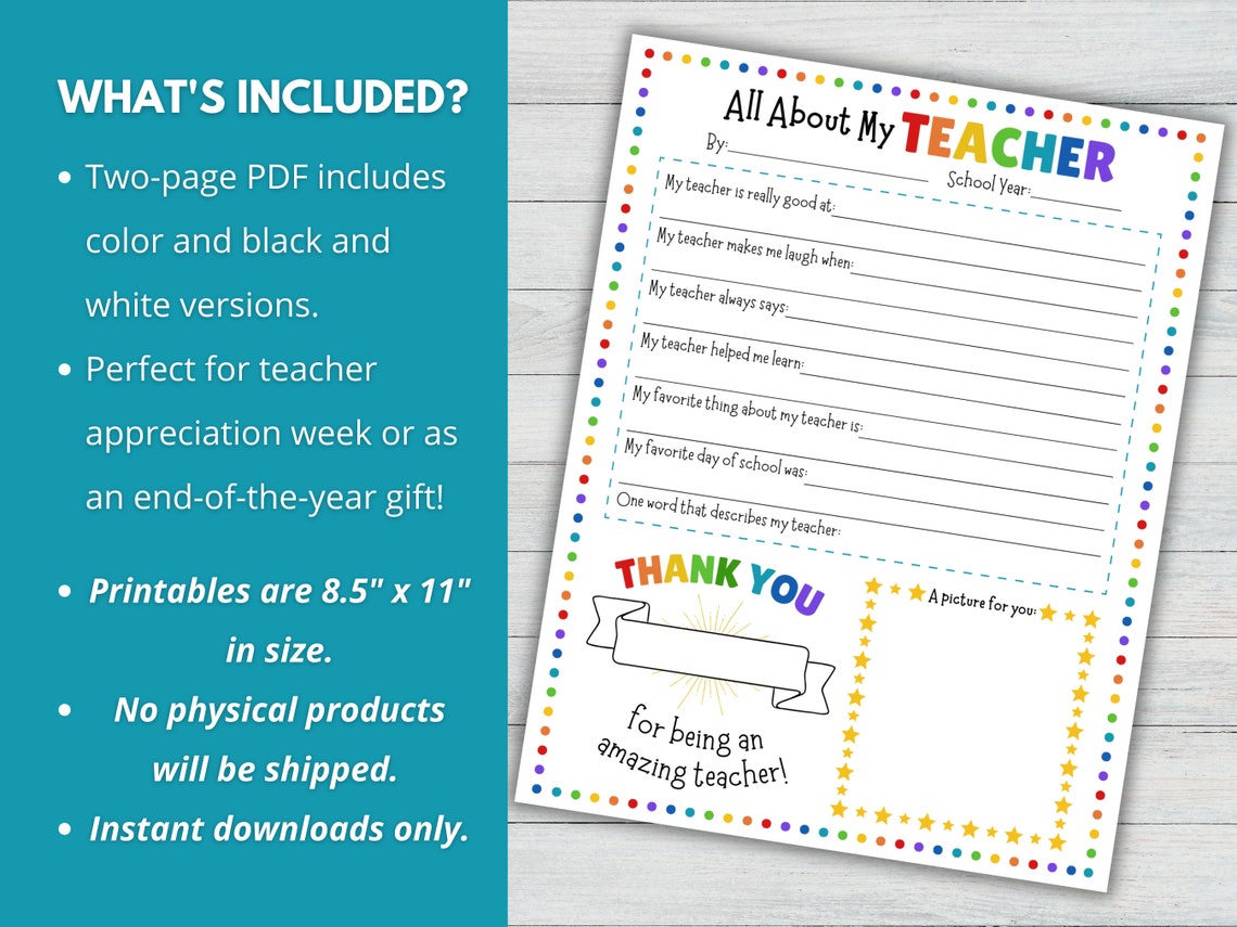 Teacher Appreciation Week Printable, All About My Teacher ...