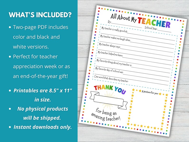 Teacher Appreciation Week Printable, All About My Teacher ...