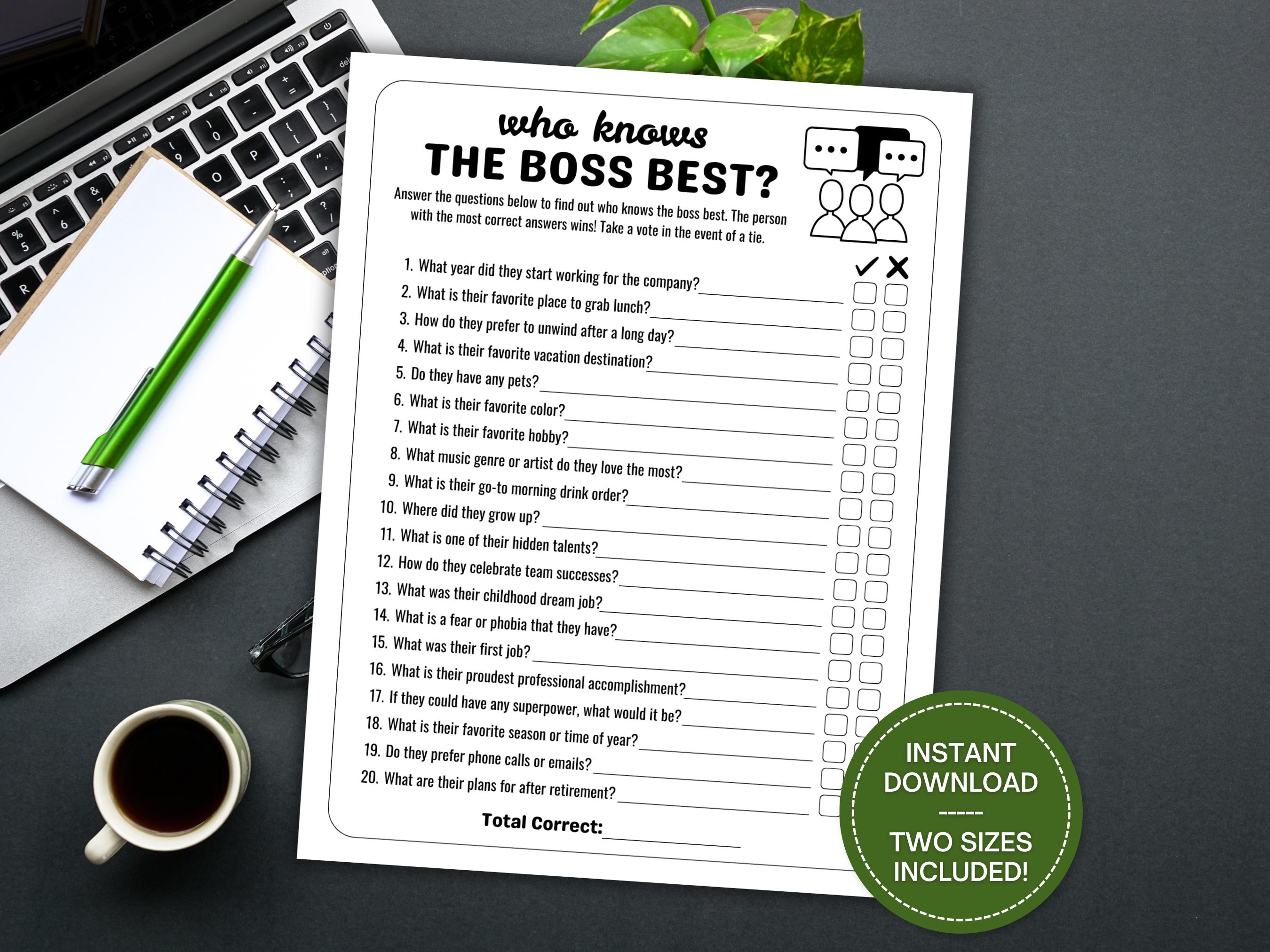 Who Knows the Boss Best Game, Printable Office Party Game, Boss Trivia ...