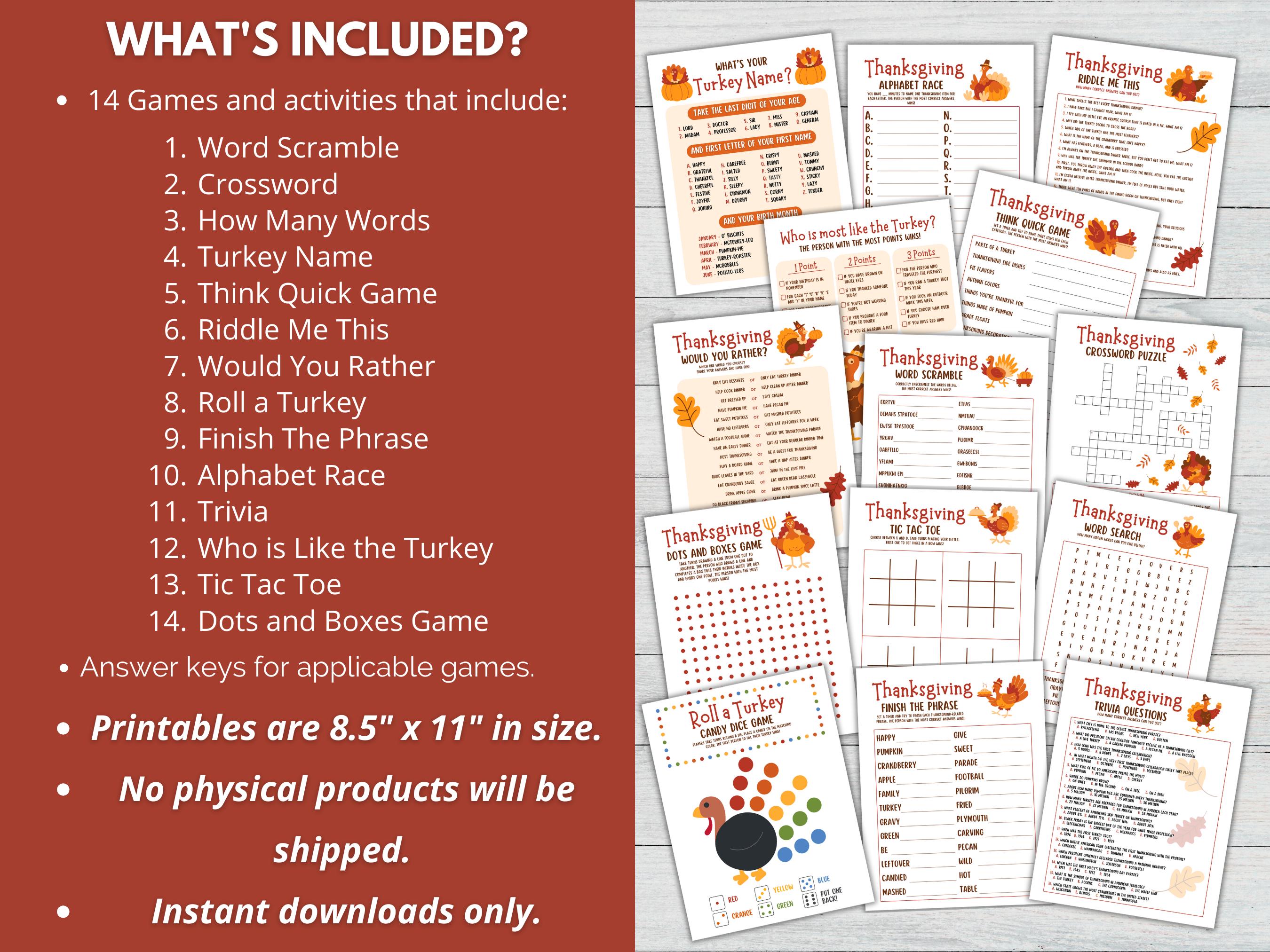 14 Thanksgiving Games Bundle, Printable Thanksgiving Party Games ...
