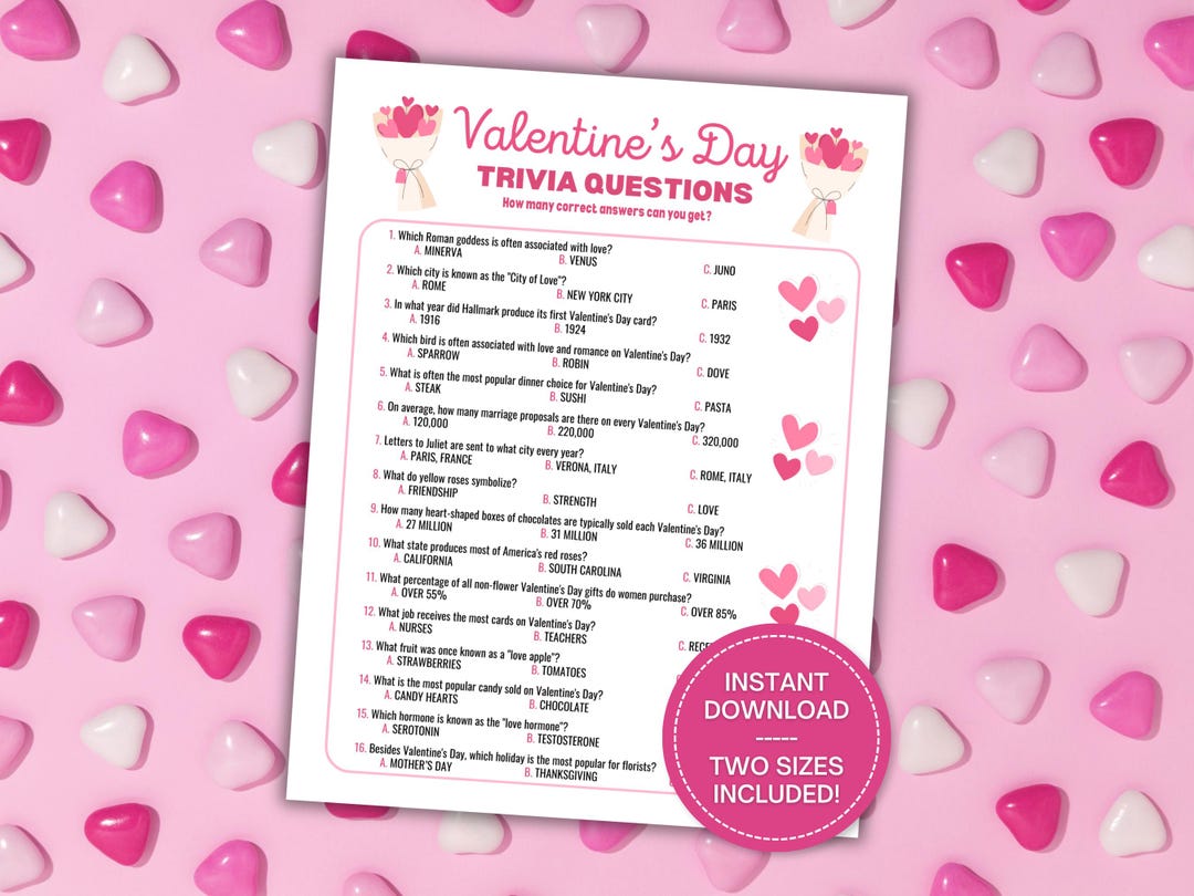 Valentine's Day Trivia Game, Printable Valentines Day Party Game ...