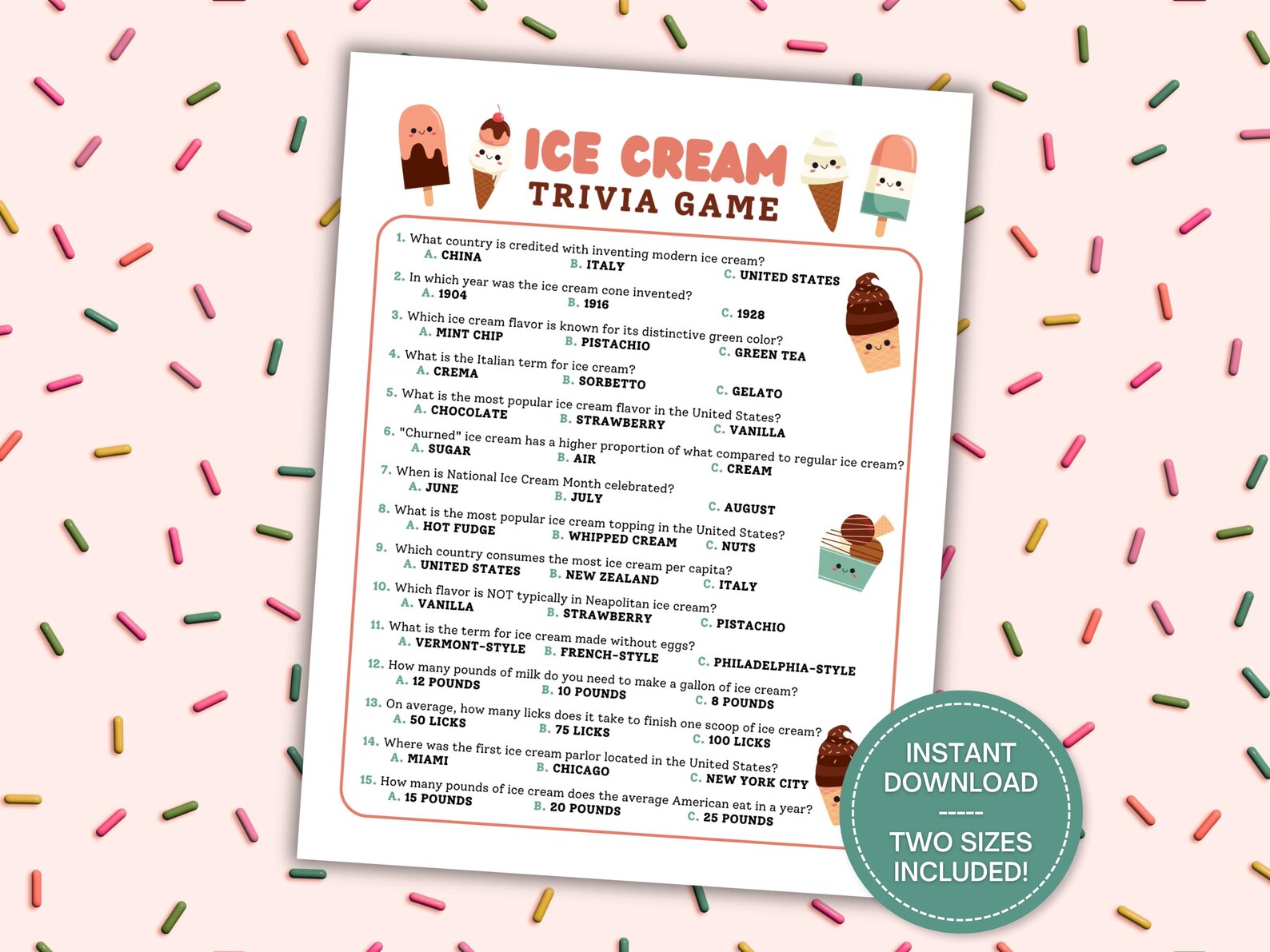 Ice Cream Trivia Game, Printable Ice Cream Quiz, Ice Cream Party Game ...