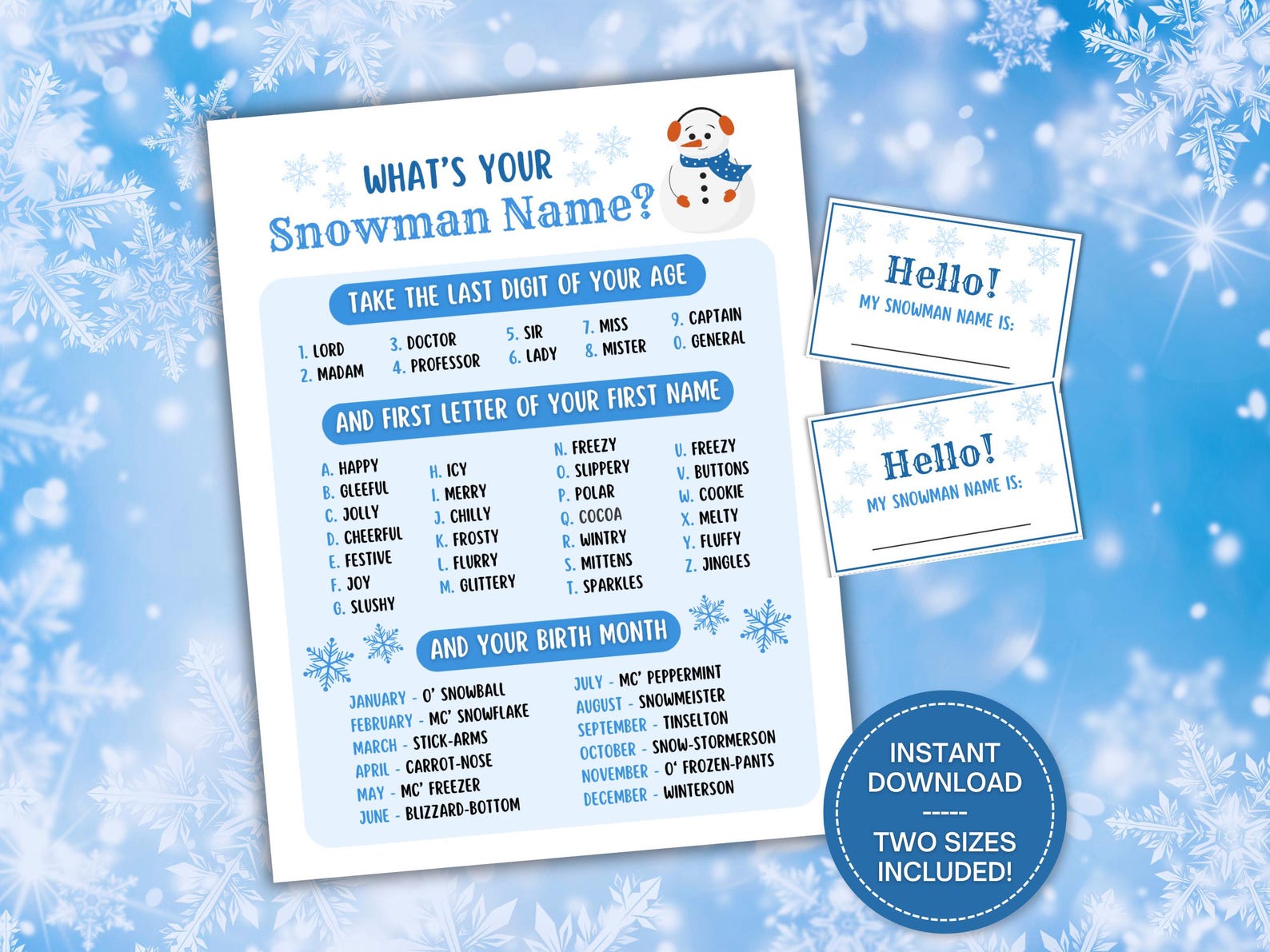 What's Your Snowman Name Game With Name Tags, Printable Christmas Party ...