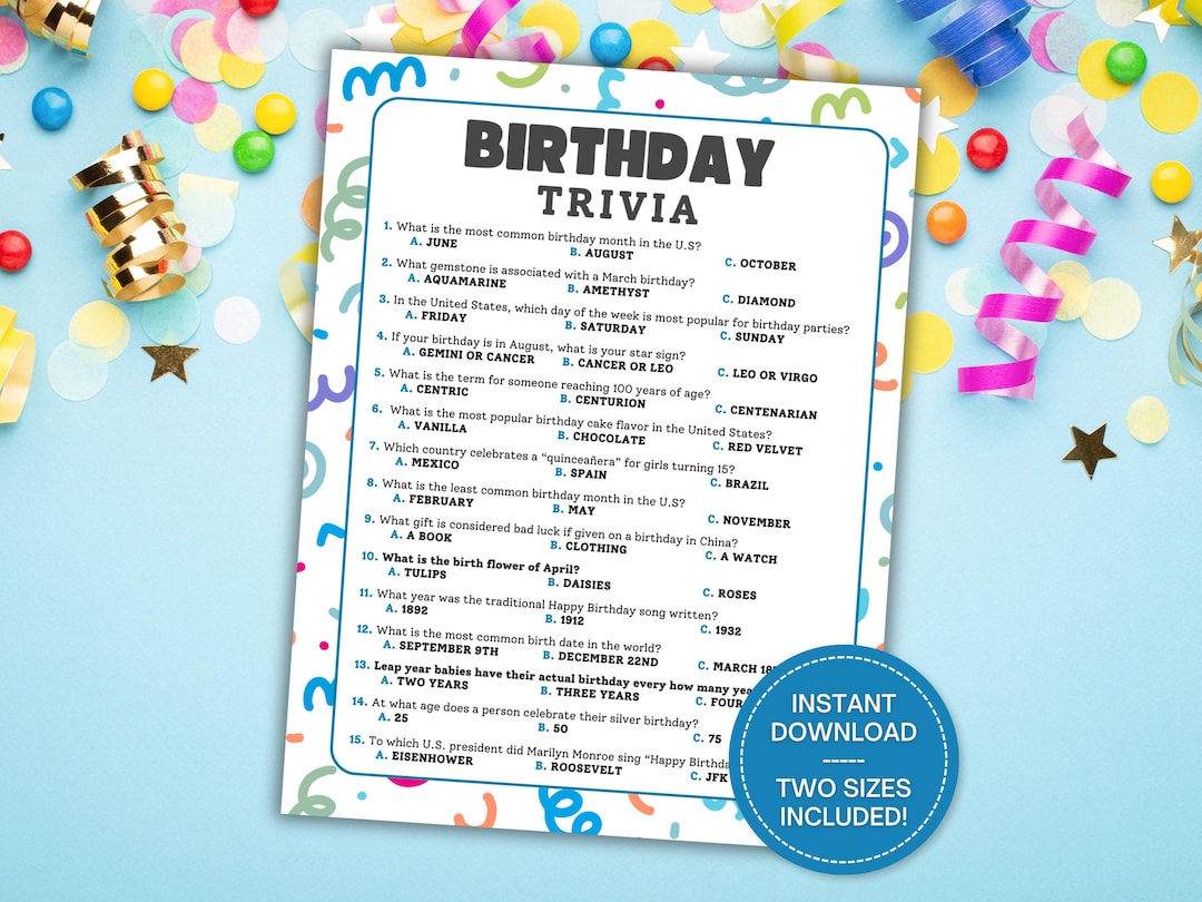 Birthday Trivia Game, Printable Birthday Quiz, Fun Birthday Party Games ...