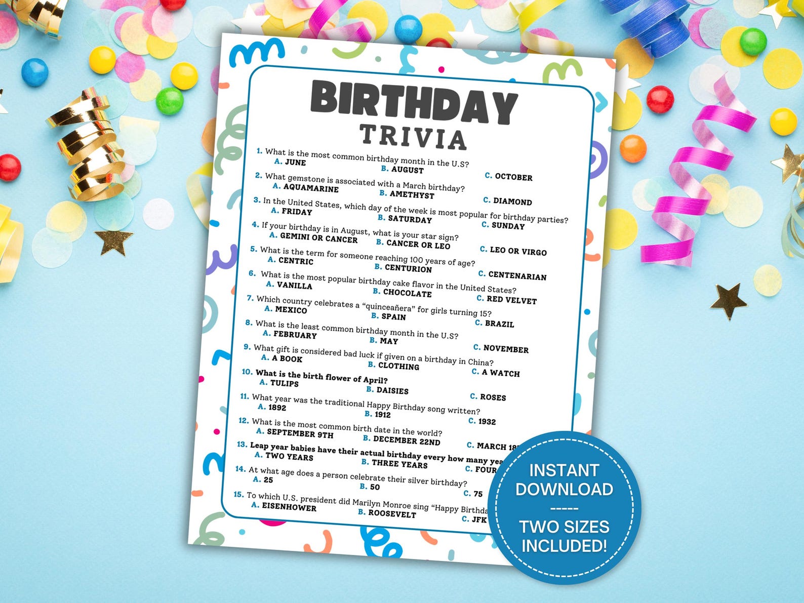 Birthday Trivia Game, Printable Birthday Quiz, Fun Birthday Party Games ...