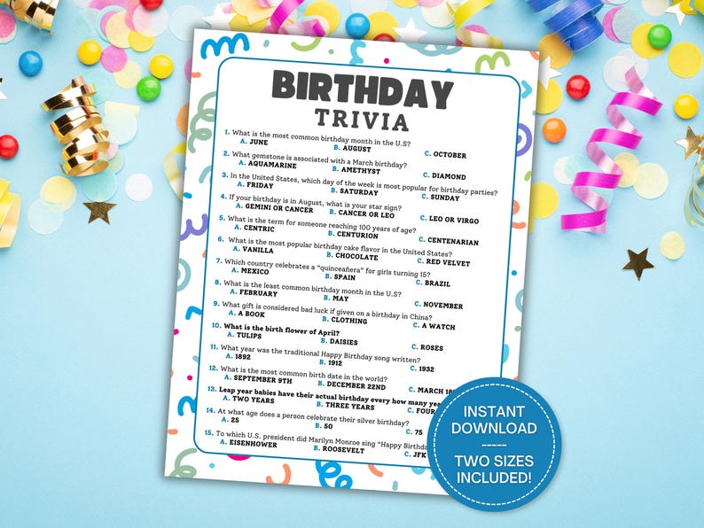 Birthday Trivia Game, Printable Birthday Quiz, Fun Birthday Party Games ...