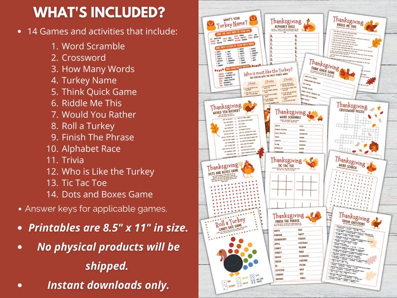 14 Thanksgiving Games Bundle, Printable Thanksgiving Party Games ...