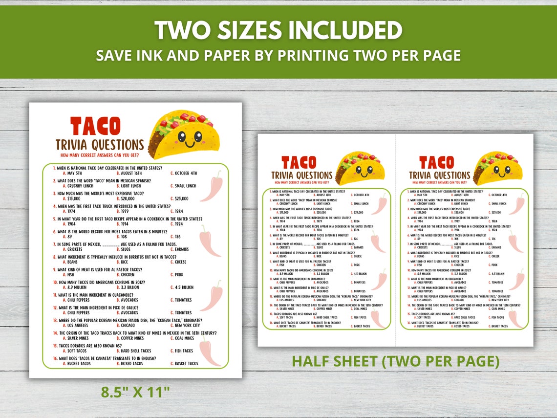 Taco Trivia Game, Cinco De Mayo Game, Printable Mexican Fiesta Party ...