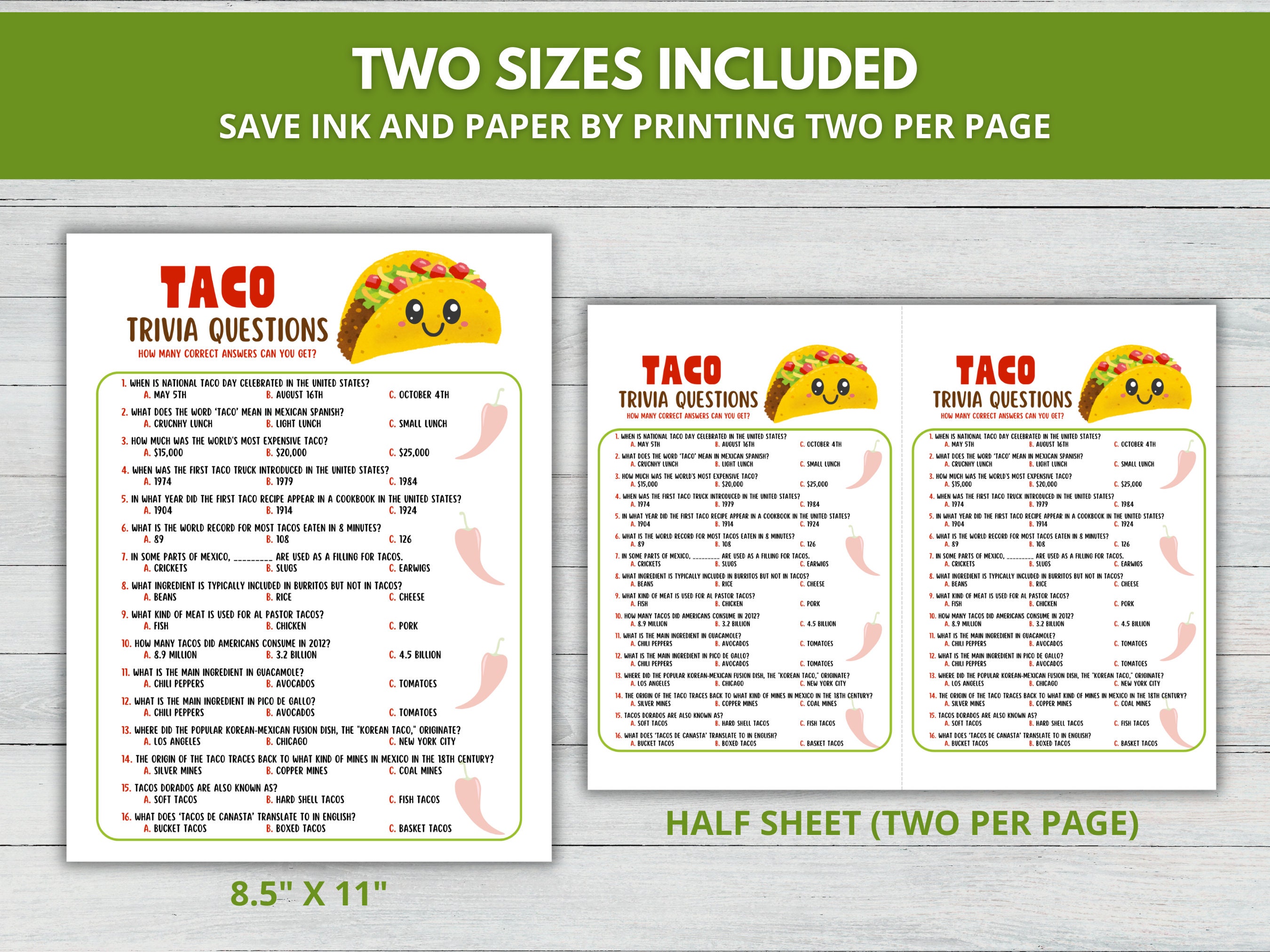 Taco Trivia Game, Cinco De Mayo Game, Printable Mexican Fiesta Party ...