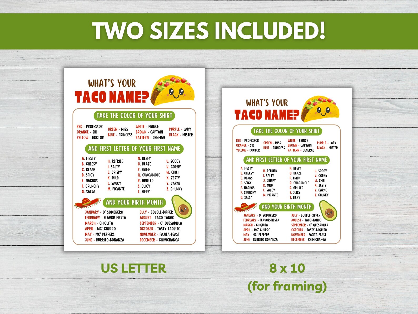 What's Your Taco Name Game With Name Tags, Taco Party Game, Mexican ...