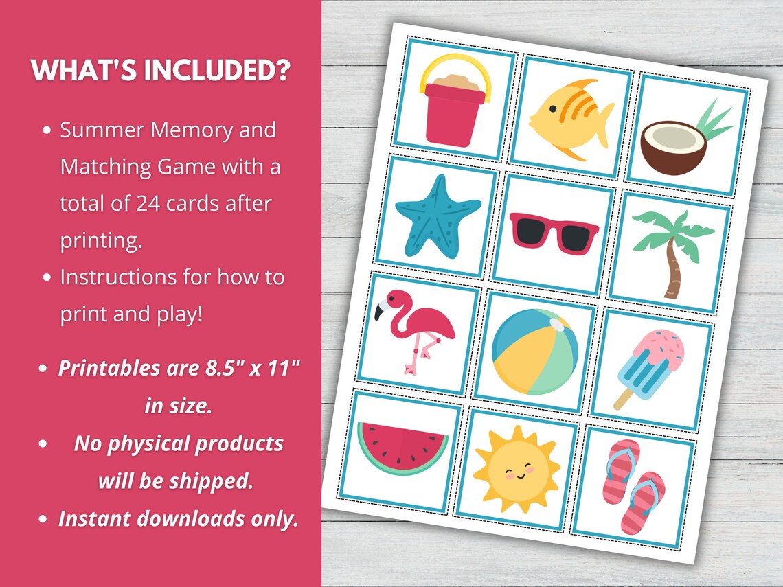 Summer Memory Game Printable, Matching Game, Beach Flash Cards, Summer ...