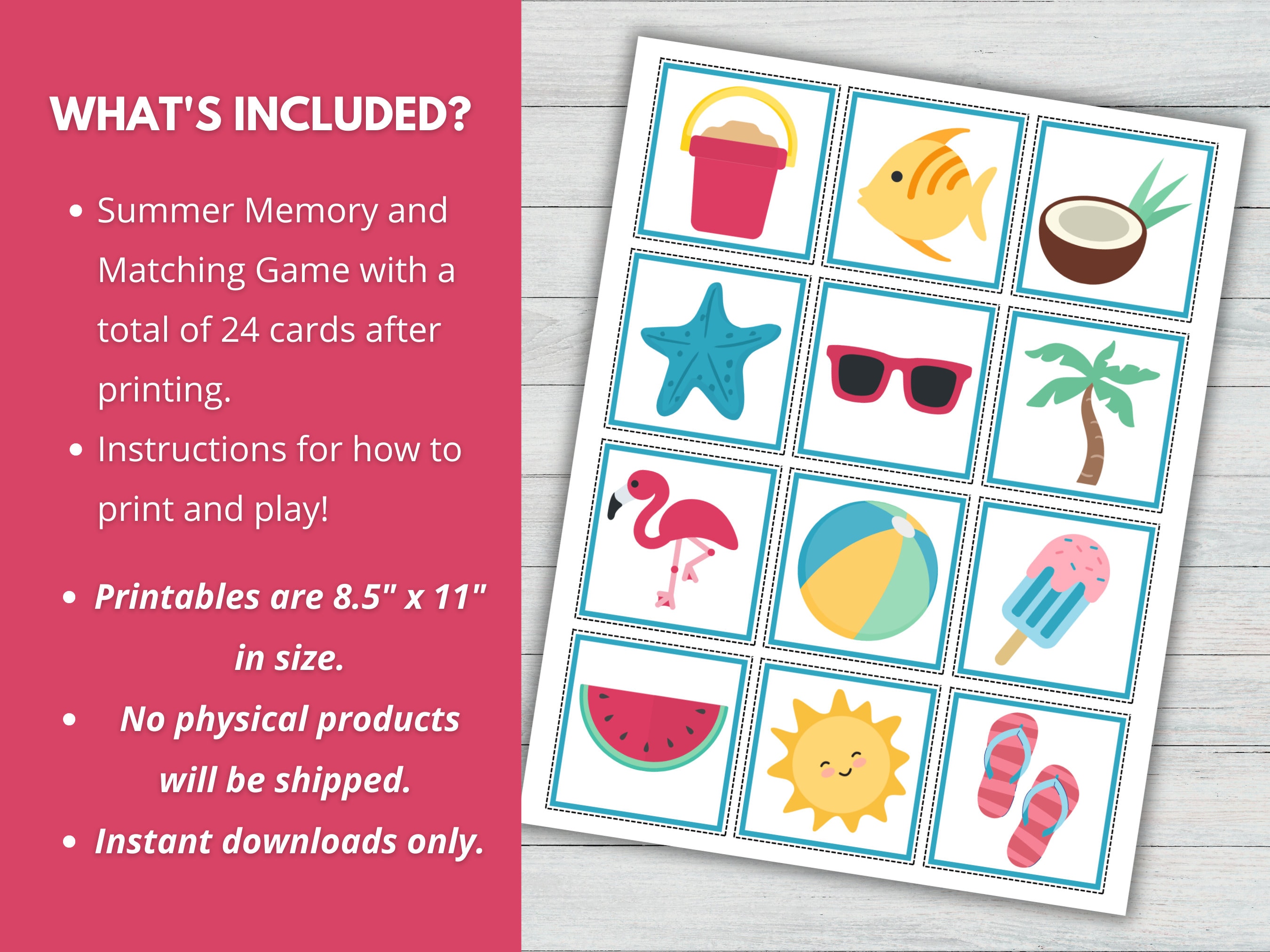Summer Memory Game Printable, Matching Game, Beach Flash Cards, Summer ...