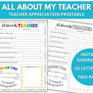 Teacher Appreciation Week Printable, All About My Teacher, Teacher ...