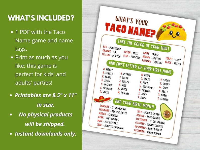 What's Your Taco Name Game With Name Tags, Taco Party Game, Mexican ...