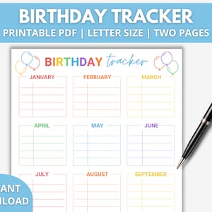 Birthday Tracker Printable, Birthday Planner Printable, Birthday ...