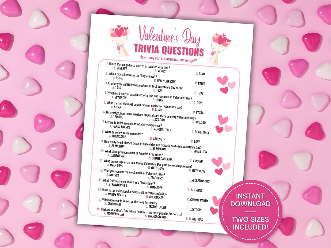 Valentine's Day Trivia, Printable Valentine's Day Party Game, Valentine ...