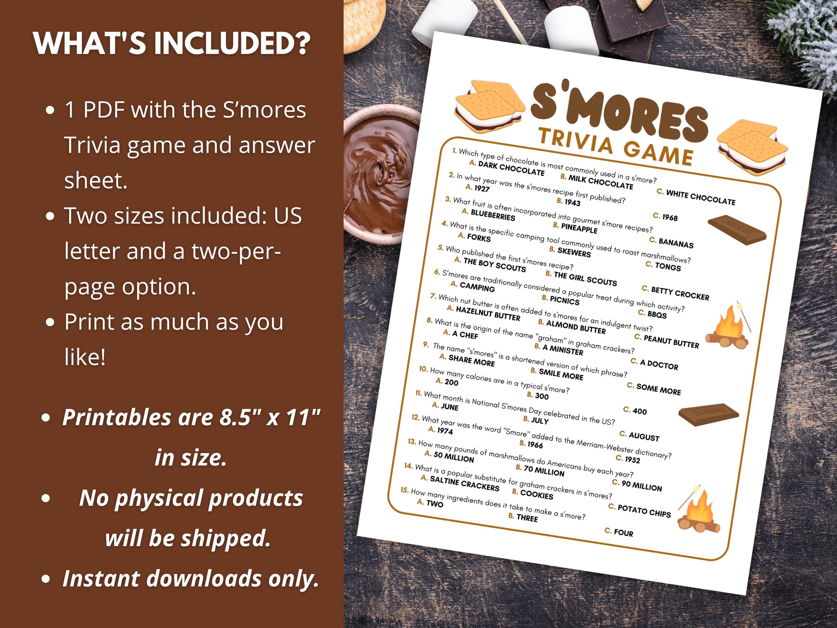 S'mores Trivia Game, Printable Campfire Game, S'mores Baby Shower ...