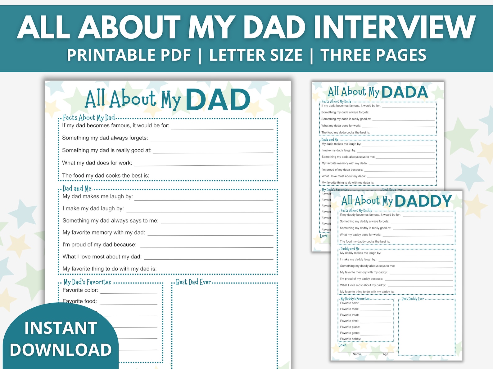 All About My Dad Printable, Fathers Day Gift From Kids, Personalized ...