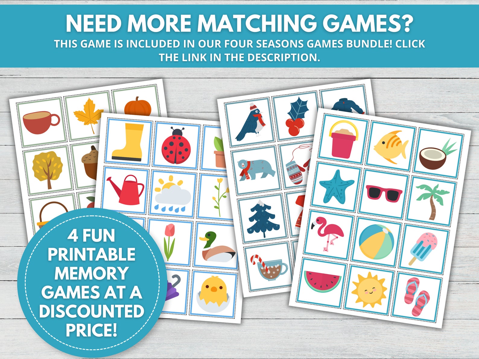 Summer Memory Game Printable, Matching Game, Beach Flash Cards, Summer ...