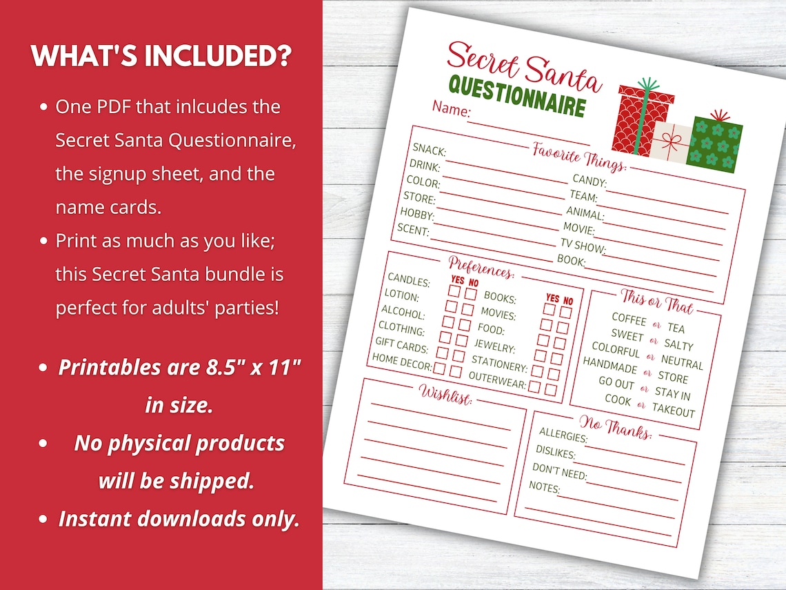 Secret Santa Questionnaire Printable, Secret Santa Form, Christmas All ...