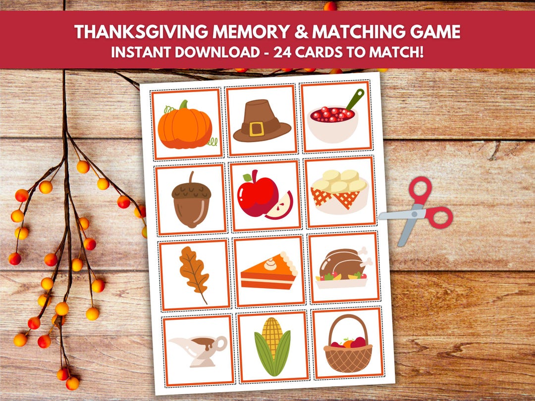 Thanksgiving Matching Game, Printable Thanksgiving Memory Game, Memory ...