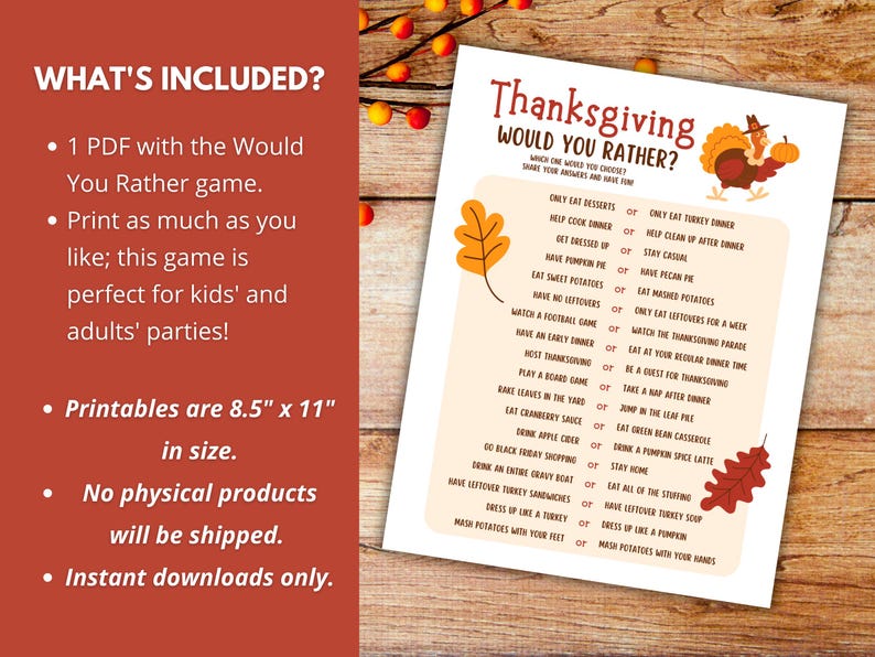 Thanksgiving would you rather Game, Fall This or That, Printable ...