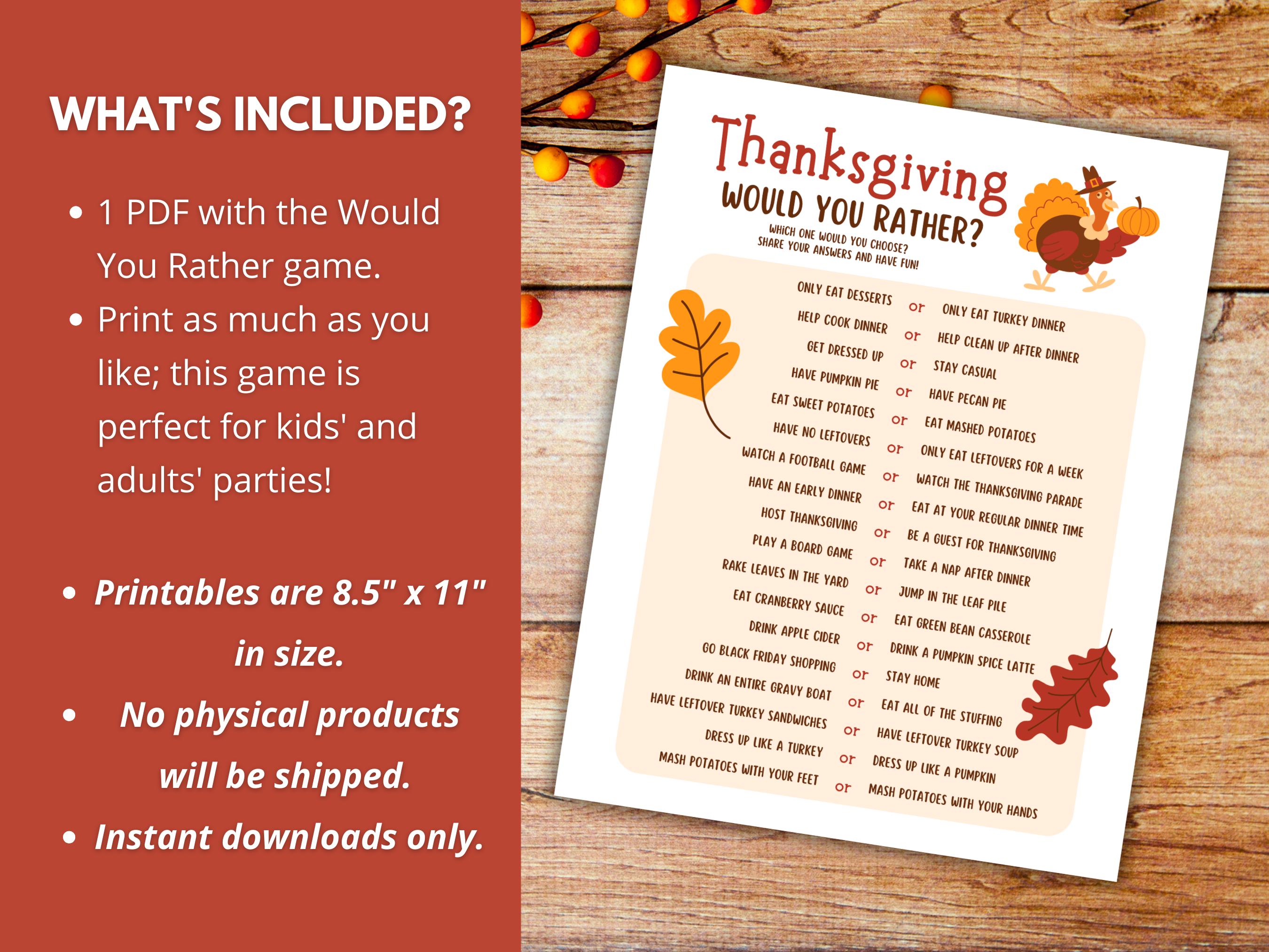 Thanksgiving would you rather Game, Fall This or That, Printable ...