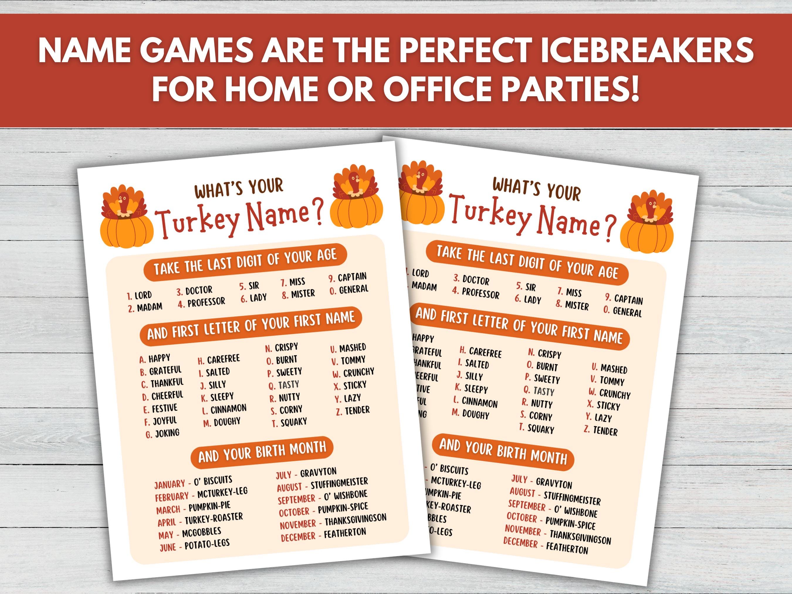 What's Your Turkey Name Game With Name Tags, Thanksgiving Party Game ...