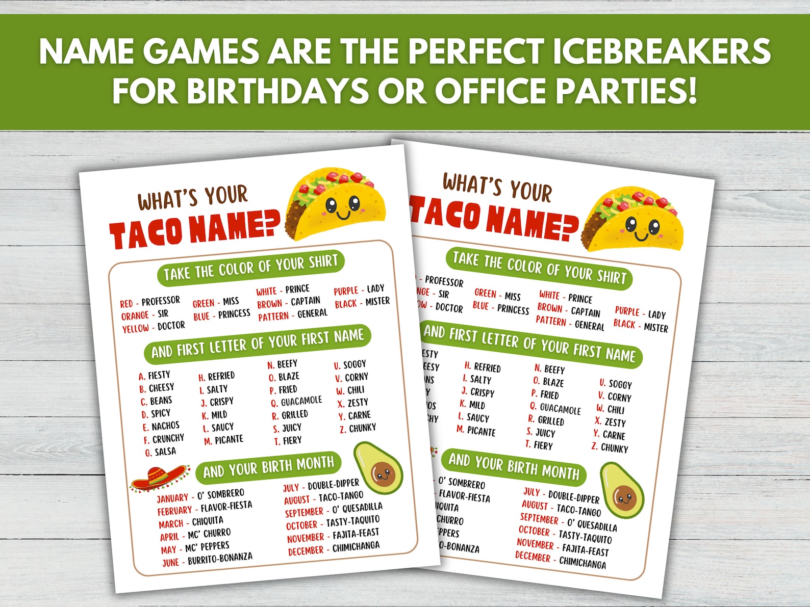 What's Your Taco Name Game With Name Tags, Taco Party Game, Mexican ...