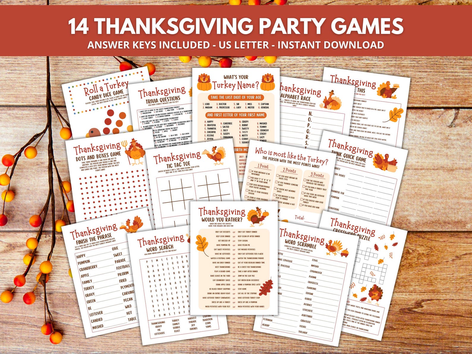 14 Thanksgiving Games Bundle, Printable Thanksgiving Party Games ...
