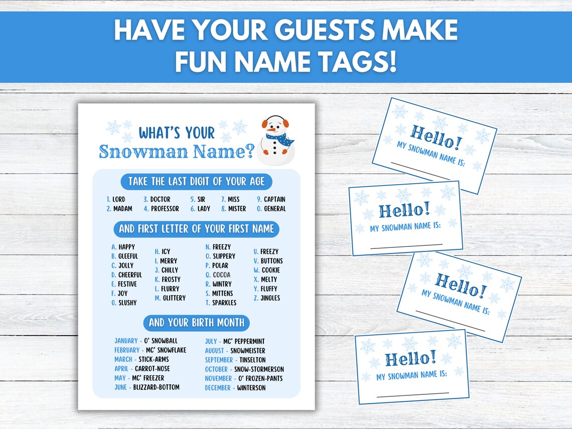 What's Your Snowman Name Game With Name Tags, Christmas Game, Christmas ...
