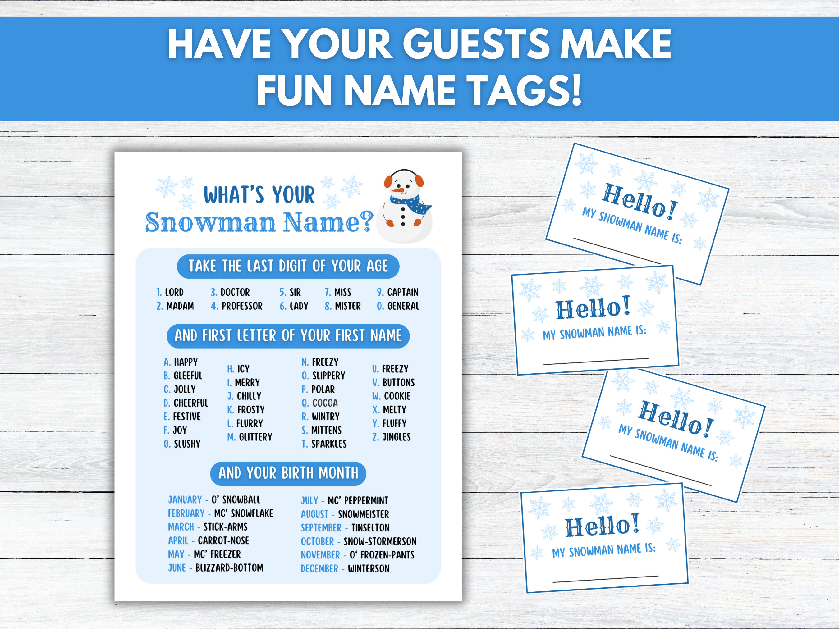 What's Your Snowman Name Game With Name Tags, Christmas Game, Christmas ...