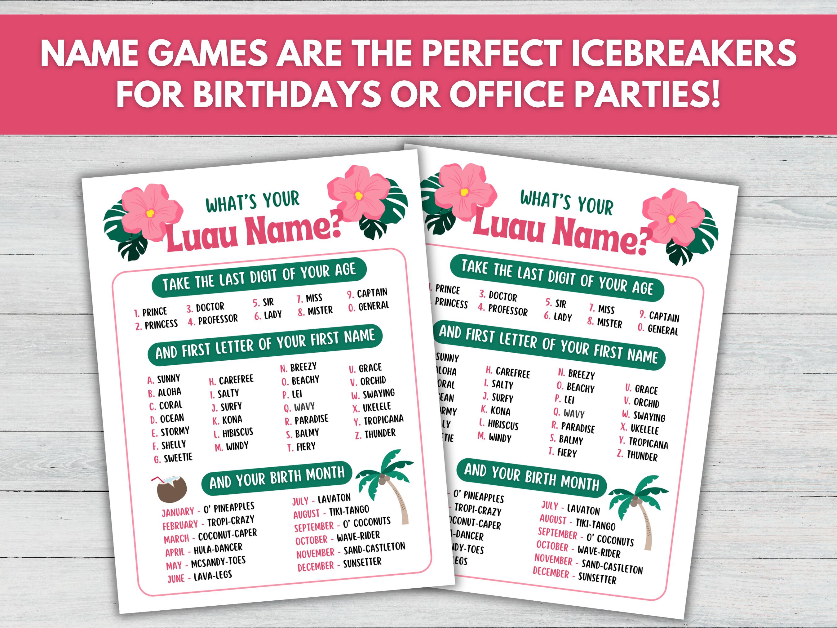 What's Your Luau Name Game With Name Tags, Hawaiian Party Game ...