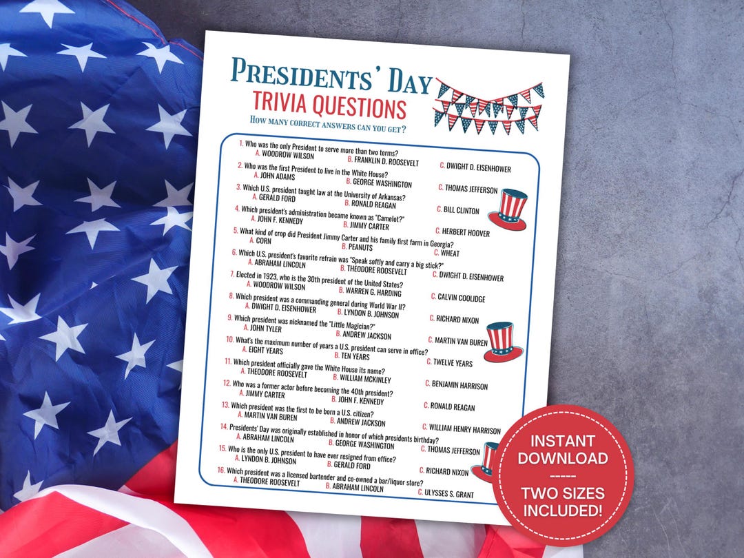 Presidents' Day Trivia Game, Presidents' Day Game, Presidential Trivia ...