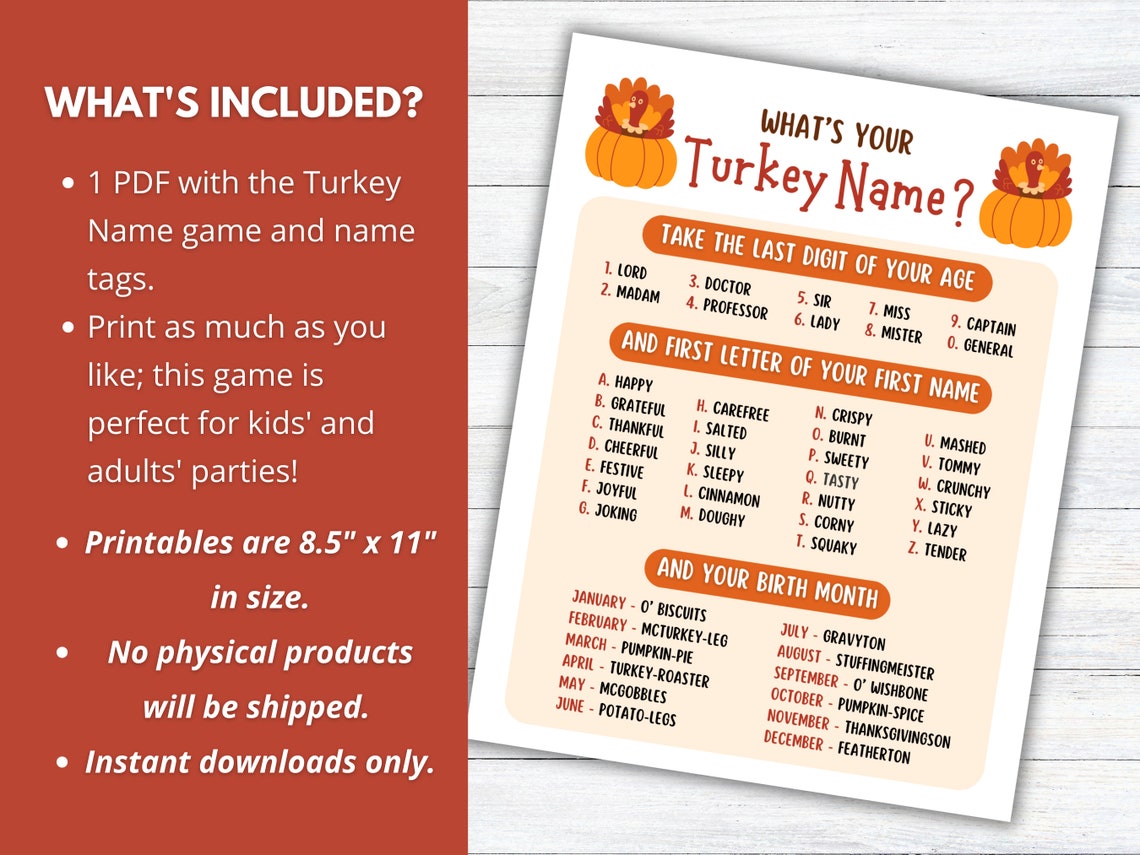 What's Your Turkey Name Game With Name Tags, Thanksgiving Game ...