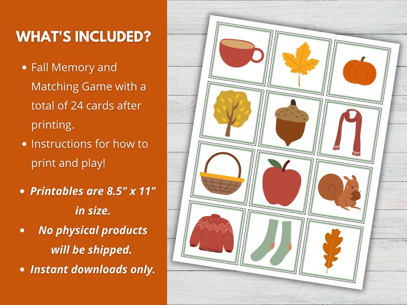 Fall Memory Game Printable, Autumn Matching Game, Fall Activity ...