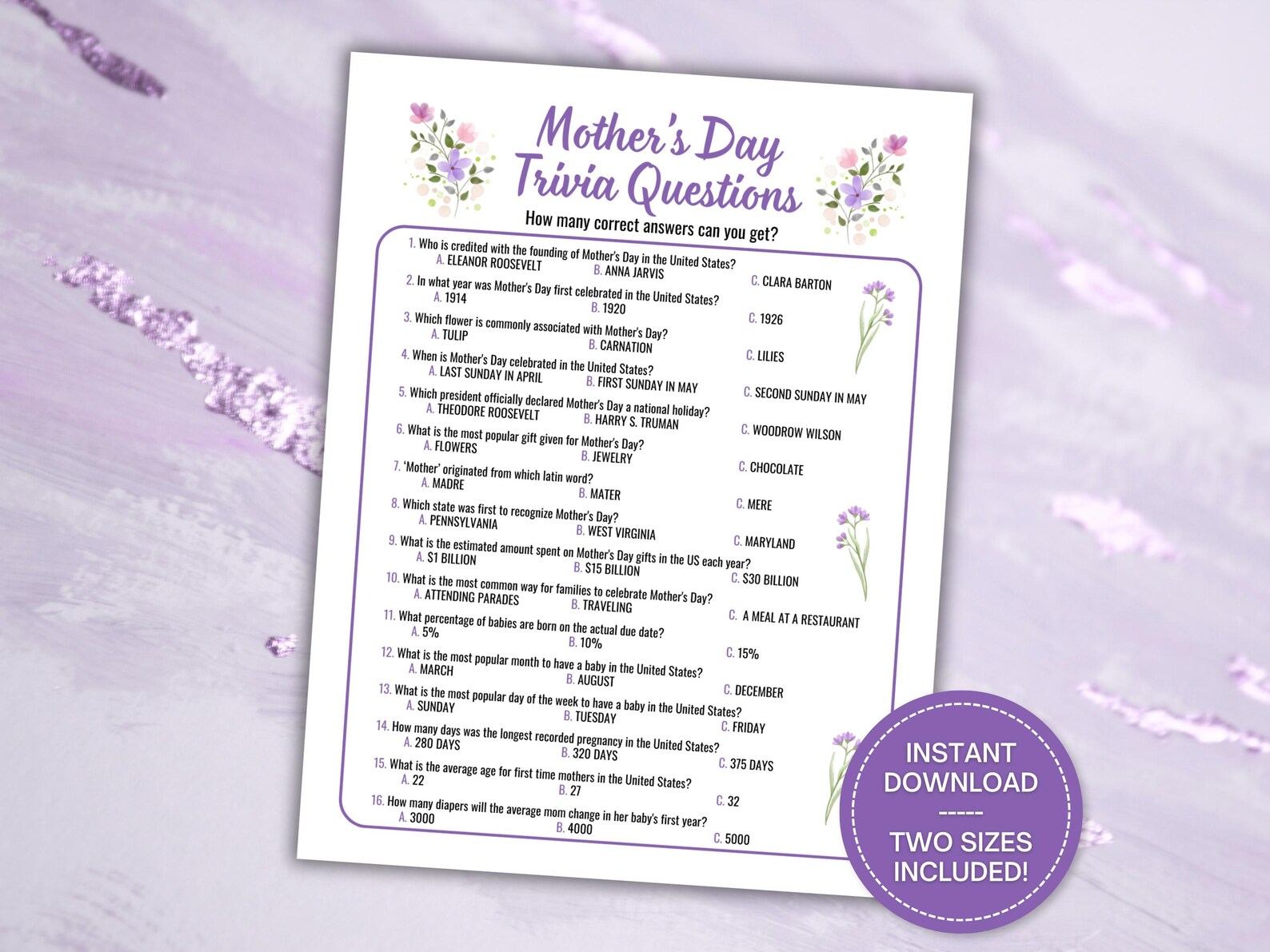 Mother's Day Trivia Game, Printable Mothers Day Quiz, Mothers Day Party ...