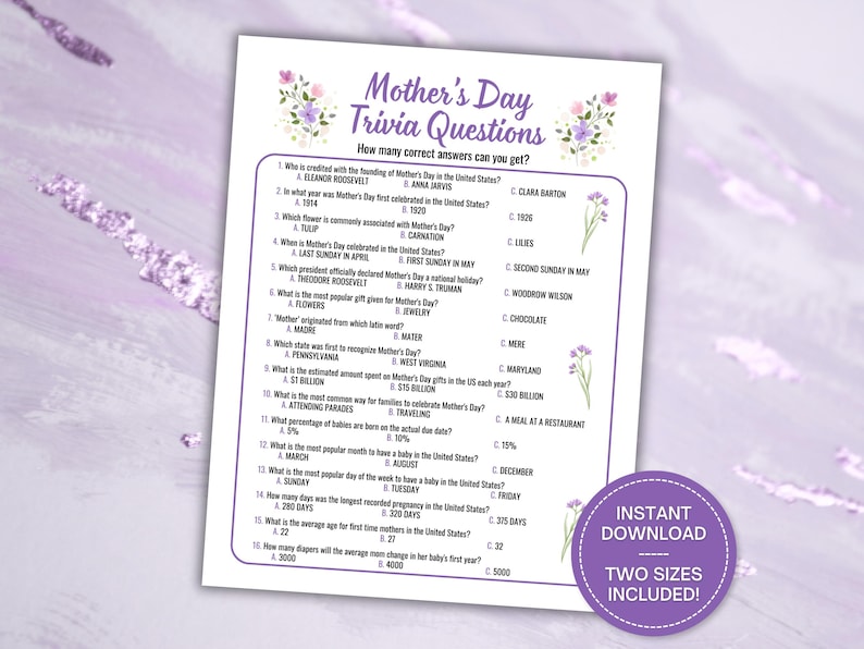 Mother's Day Trivia Game, Printable Mothers Day Quiz, Mothers Day Party ...