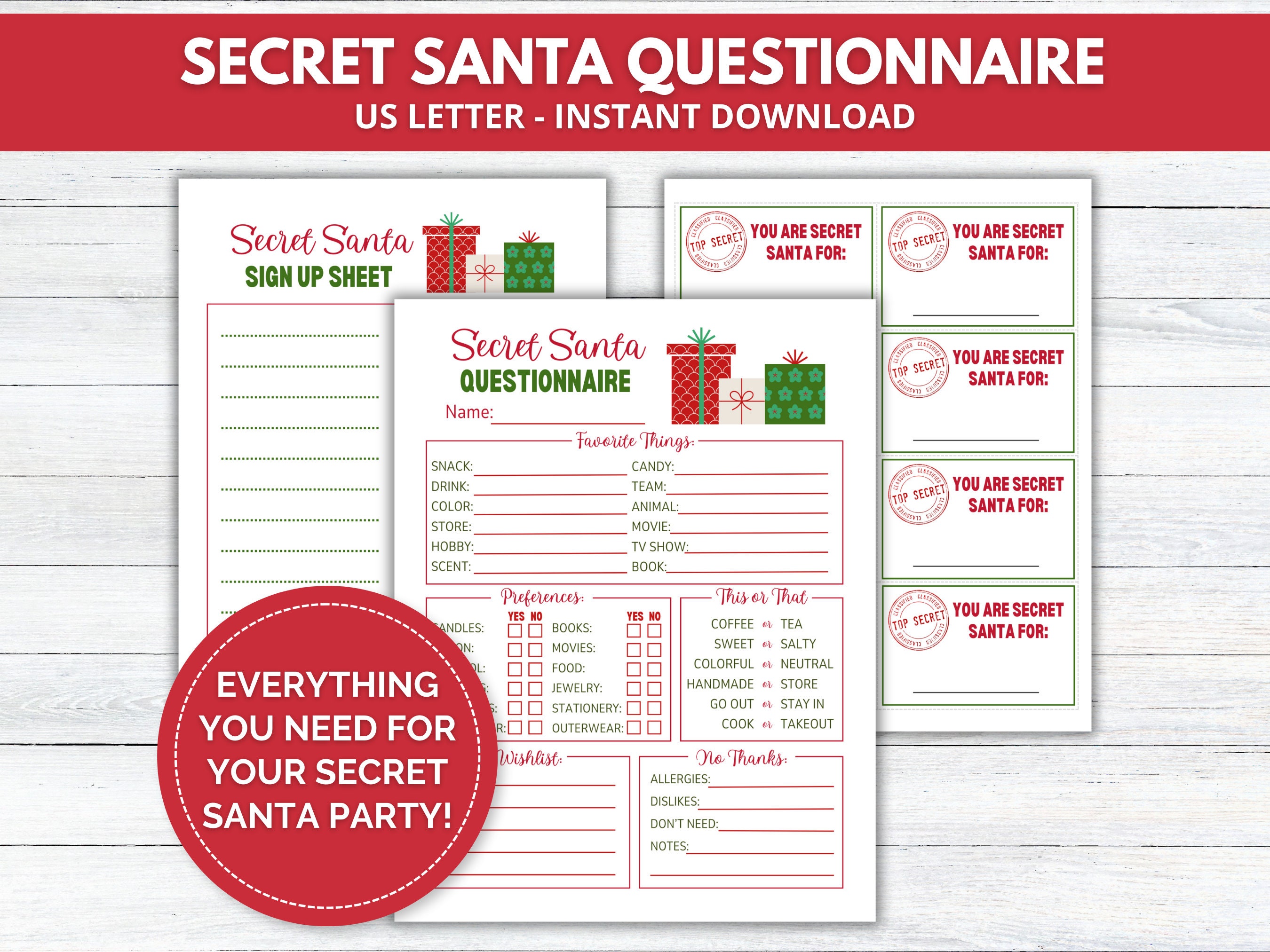 Secret Santa Questionnaire Printable, Secret Santa Form, Christmas All ...