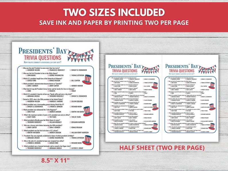 Presidents' Day Trivia Game, Presidents' Day Game, Presidential Trivia ...