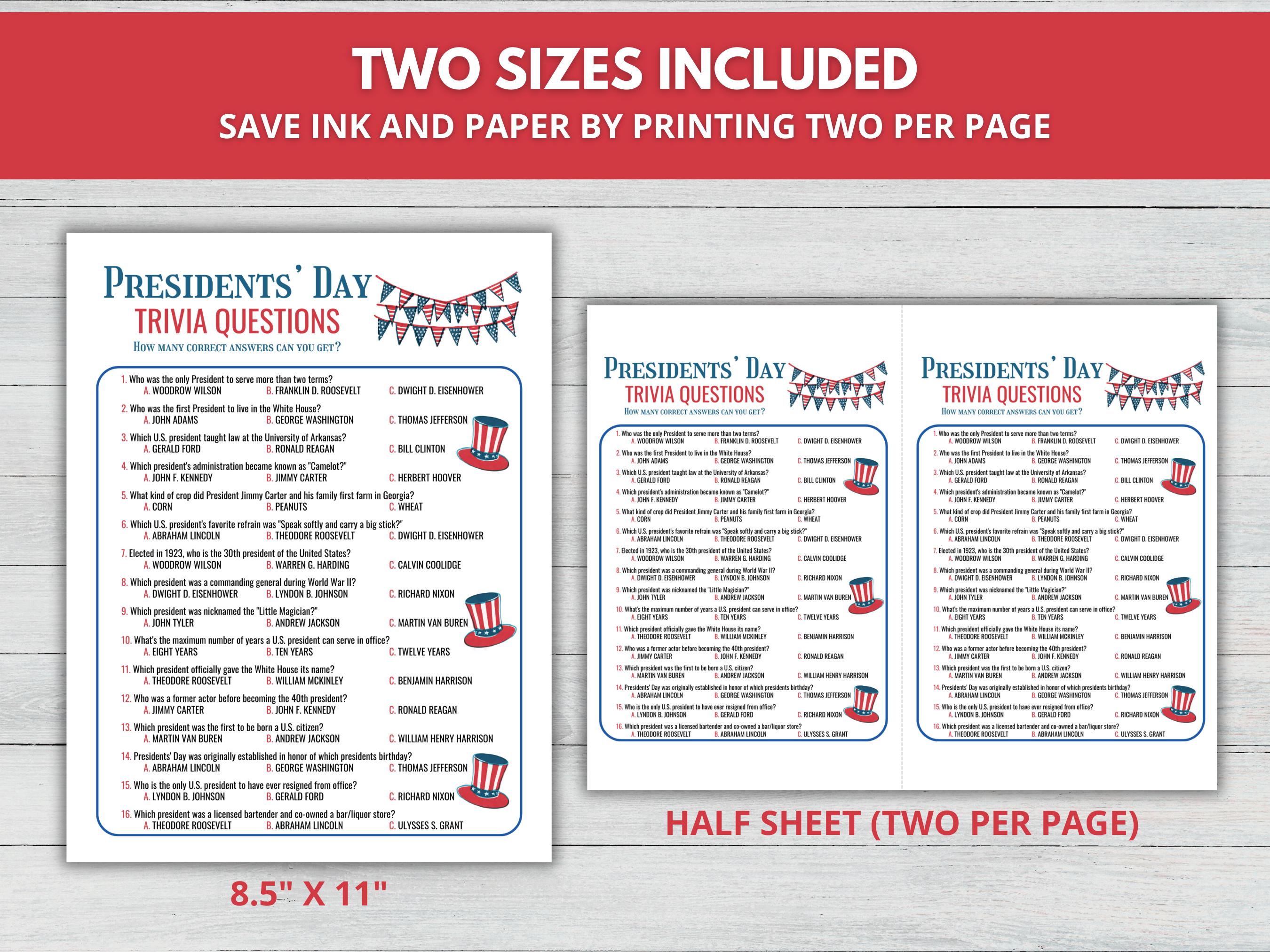 Presidents' Day Trivia Game, Presidents' Day Game, Presidential Trivia ...