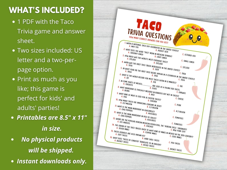 Taco Trivia Game, Cinco De Mayo Game, Printable Mexican Fiesta Party ...