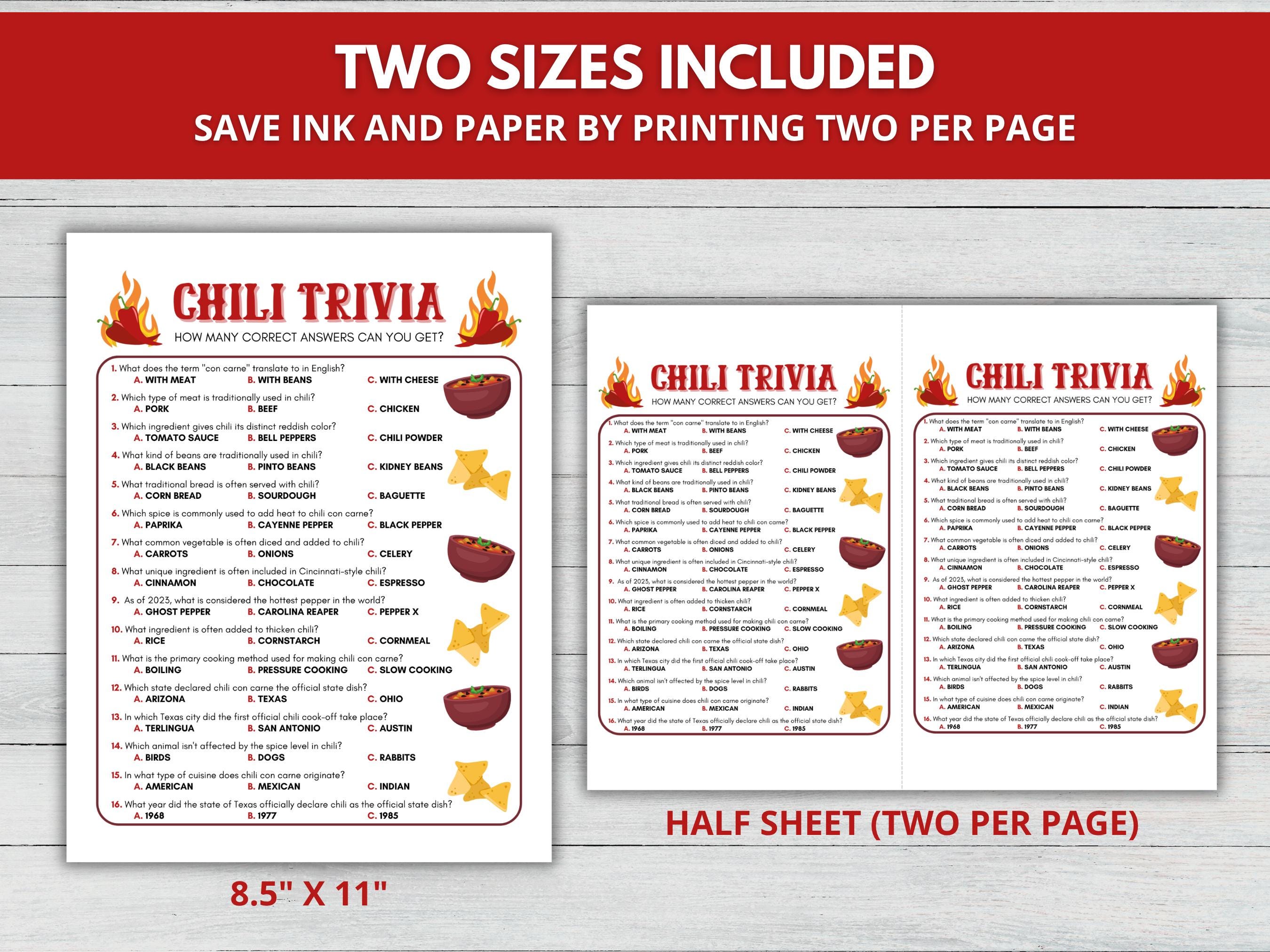 Chili Trivia Game, Chili Cook-off Game, Chili Quiz Printable, Chili ...