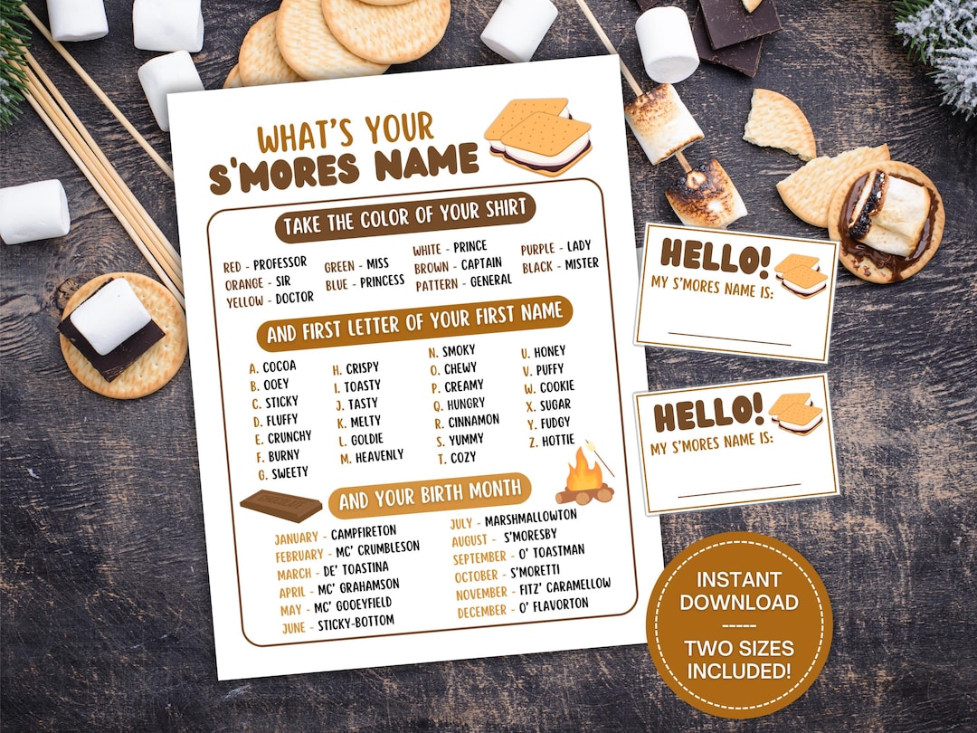 What's Your S'mores Name Game + Name Tags, Smores Party Game, Camping ...