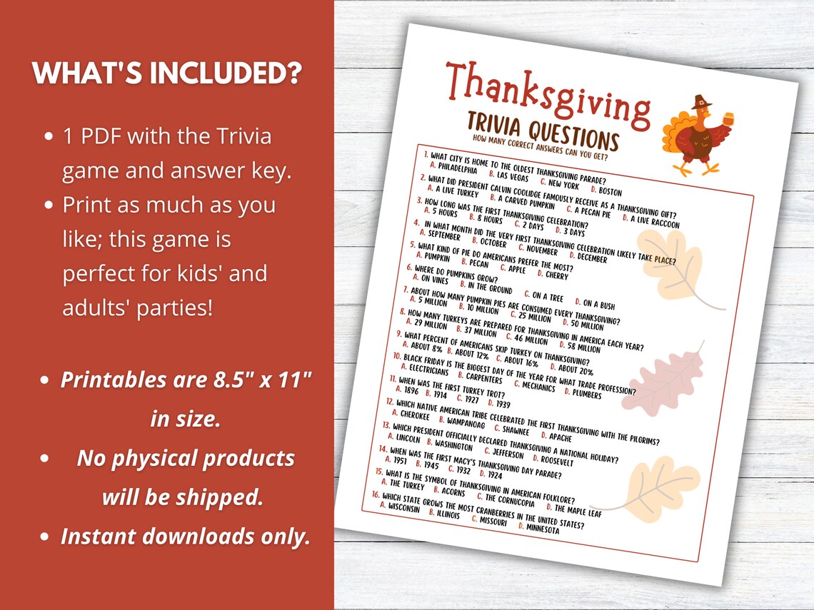 Thanksgiving Trivia Game, Printable Thanksgiving Trivia Questions, Fall ...