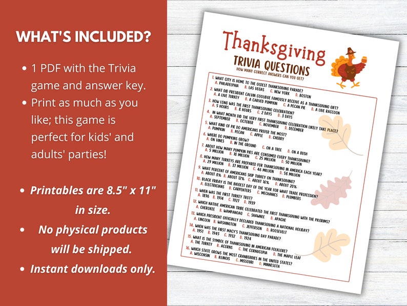 Thanksgiving Trivia Game, Printable Thanksgiving Trivia Questions, Fall ...