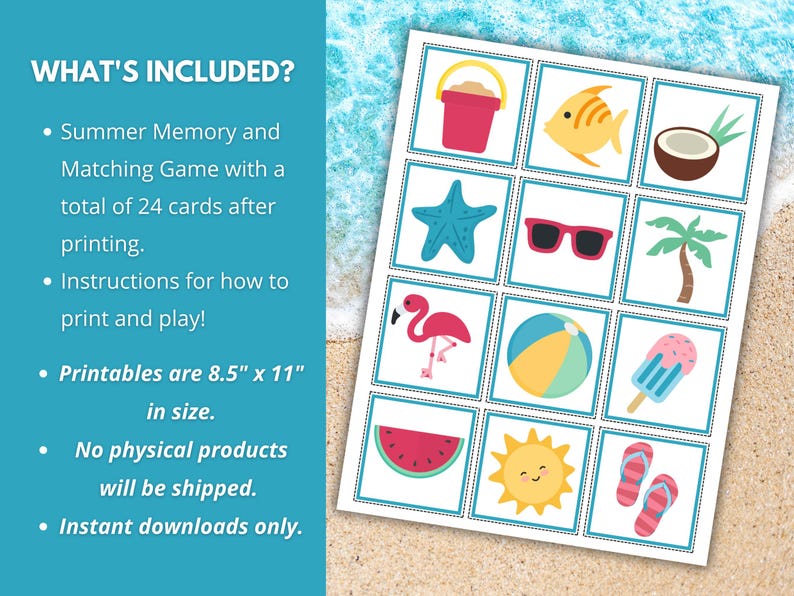 Summer Memory Game, Summer Matching Game, Beach Flash Cards, Summer ...