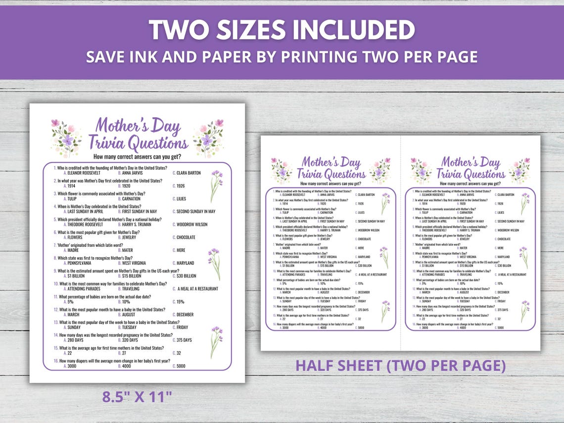 Mother's Day Trivia Game, Printable Mothers Day Quiz, Mothers Day Party ...