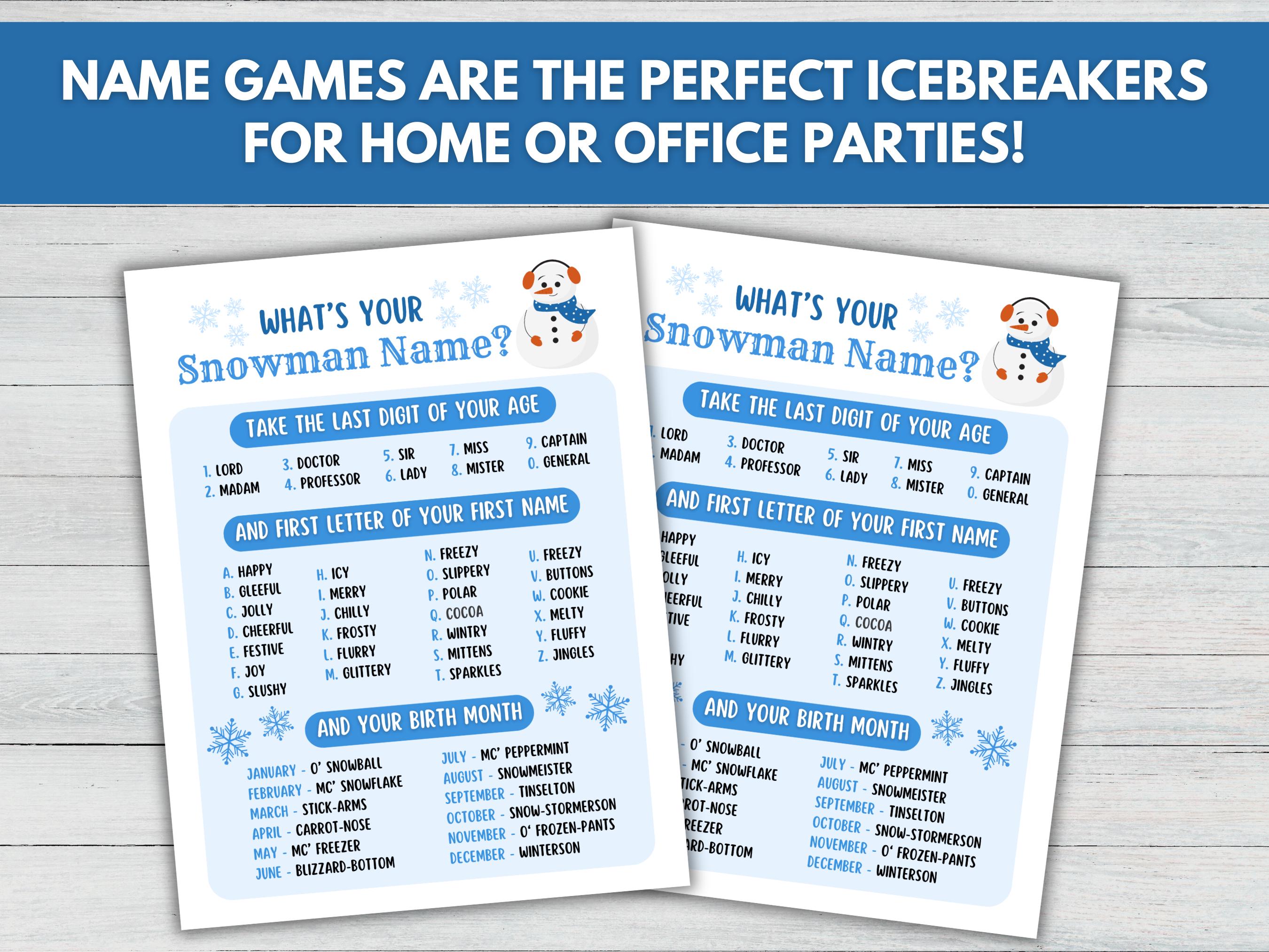 What's Your Snowman Name Game With Name Tags, Printable Christmas Party ...